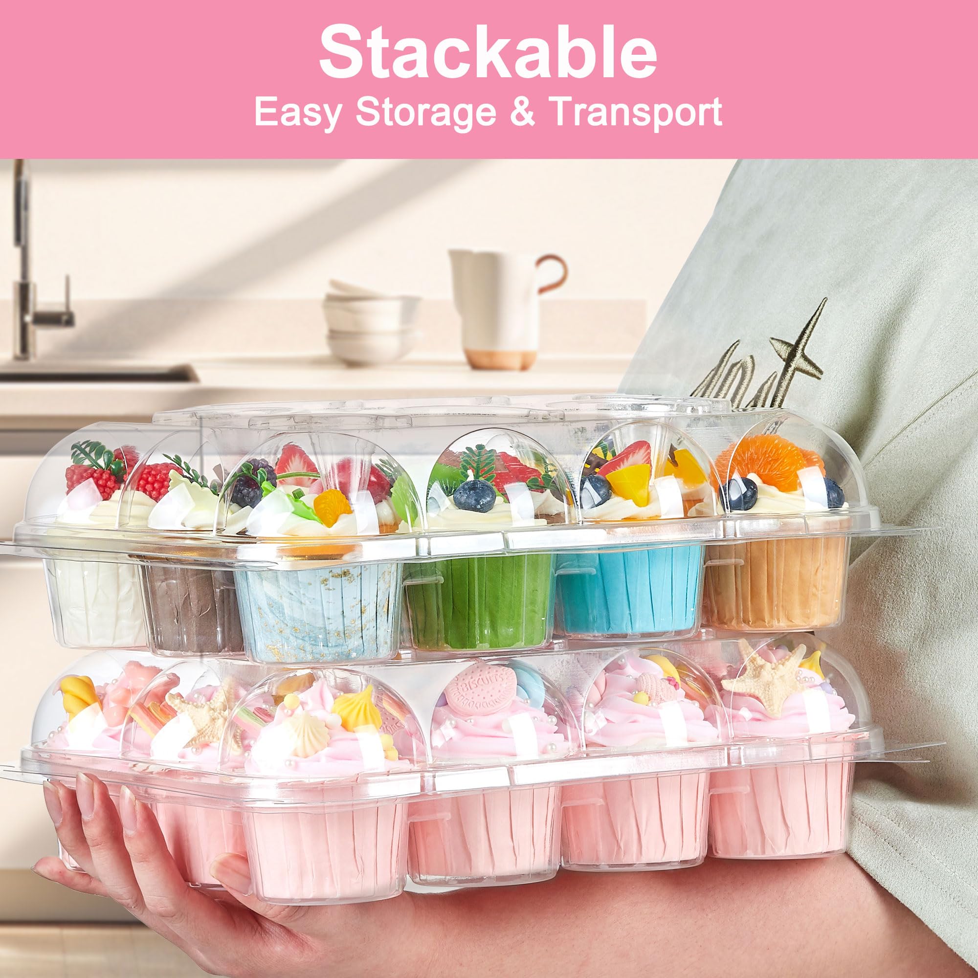 BORPEIN Cupcake Containers 12 Count Standard(12 count x 15 sets) Sturdy Strong Cupcake Boxes for 12 Cupcakes, Disposable Cupcake Carrier Holders, Clear Plastic Containers with Detachable Lid