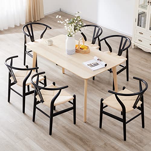 Farini Wishbone Chairs for Dining Room Solid Wood Rattan Chair Armchairs Y Shaped Backrest Hemp Seat for Home Restaurant Fully-Assembled(Set of 2,Black-Beige Seat)