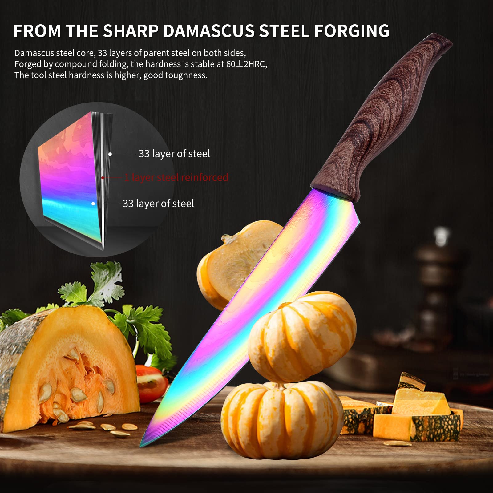 Damascus Steel Knife Set 6Pcs Non Stick Sharp Kitchen Knives Set with Block Sharpener Kitchen Shears Cutlery Knives Block Set Chef Quality Best Gift (6Pcs Set)