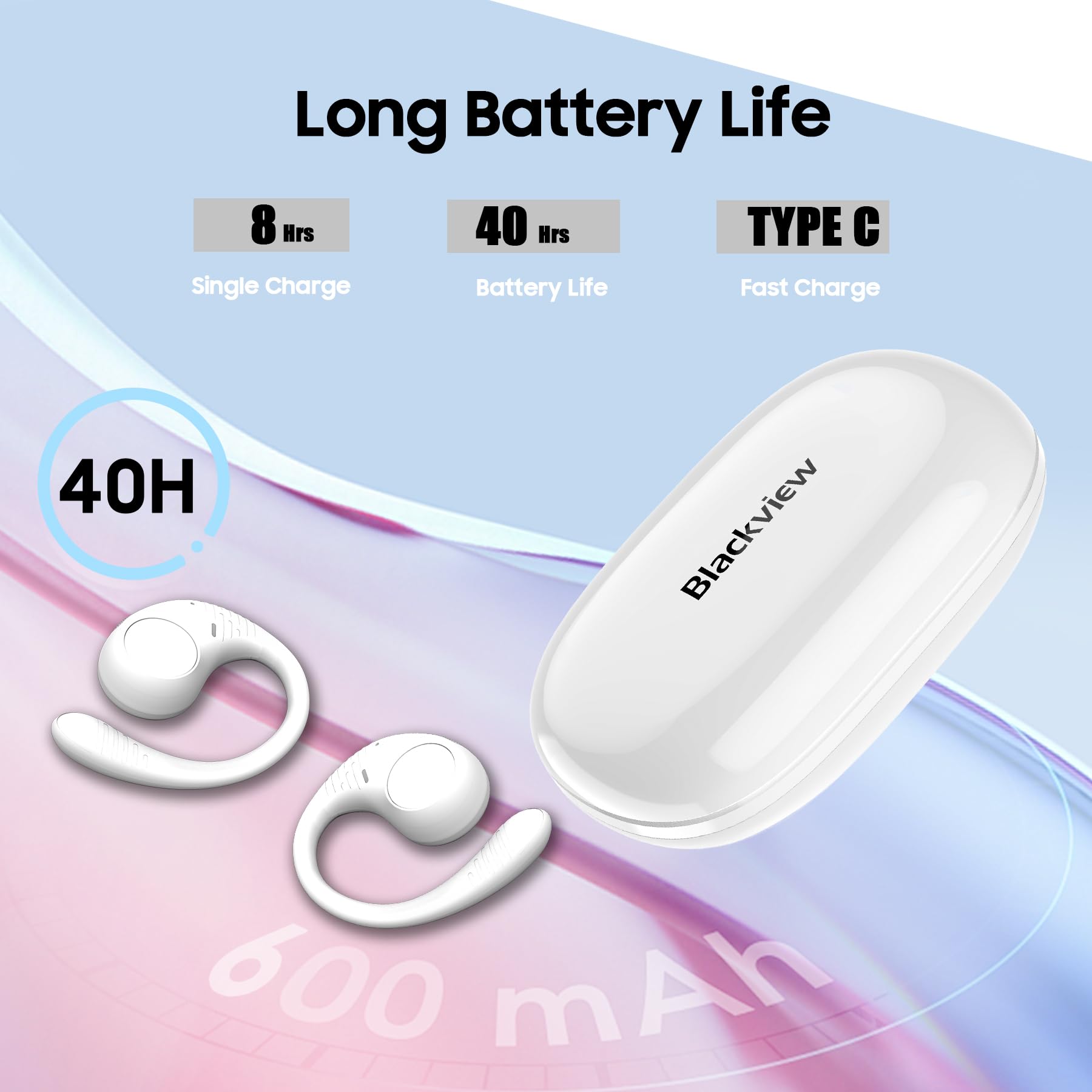 Blackview Open Ear Headphones Wireless Earbuds Bluetooth 5.3, White Wireless Headphones Touch Over Ear Buds 40H Playtime w Mic, Deep Bass Sport Earbuds with Ear Hooks for Workout Running Gym