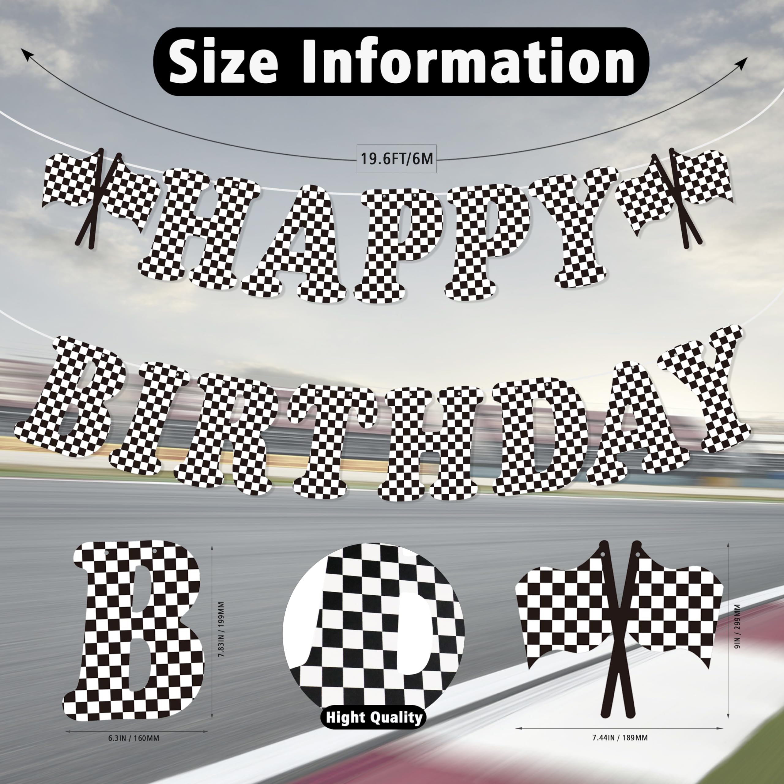 Diprin Racing Birthday Banner, Black and White Checkered Banner Racing Birthday Party Decorations, for Nascar Race Party Supplies 