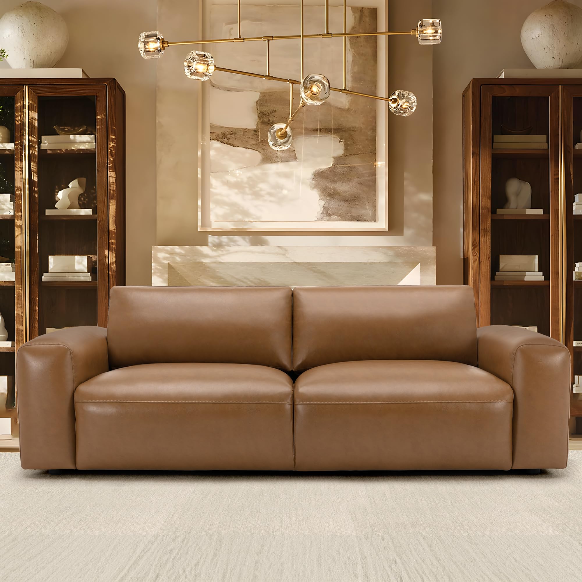COLAMY PU Leather Sofa Couch, 95" Oversized Sofa Loveseat for Living Room, Comfy Love Seat Couch with Extra Deep Seats, Wide Arm, Down Filled 3-Seater Modern Sofa for Apartment/Lounge/Bedroom-Auburn