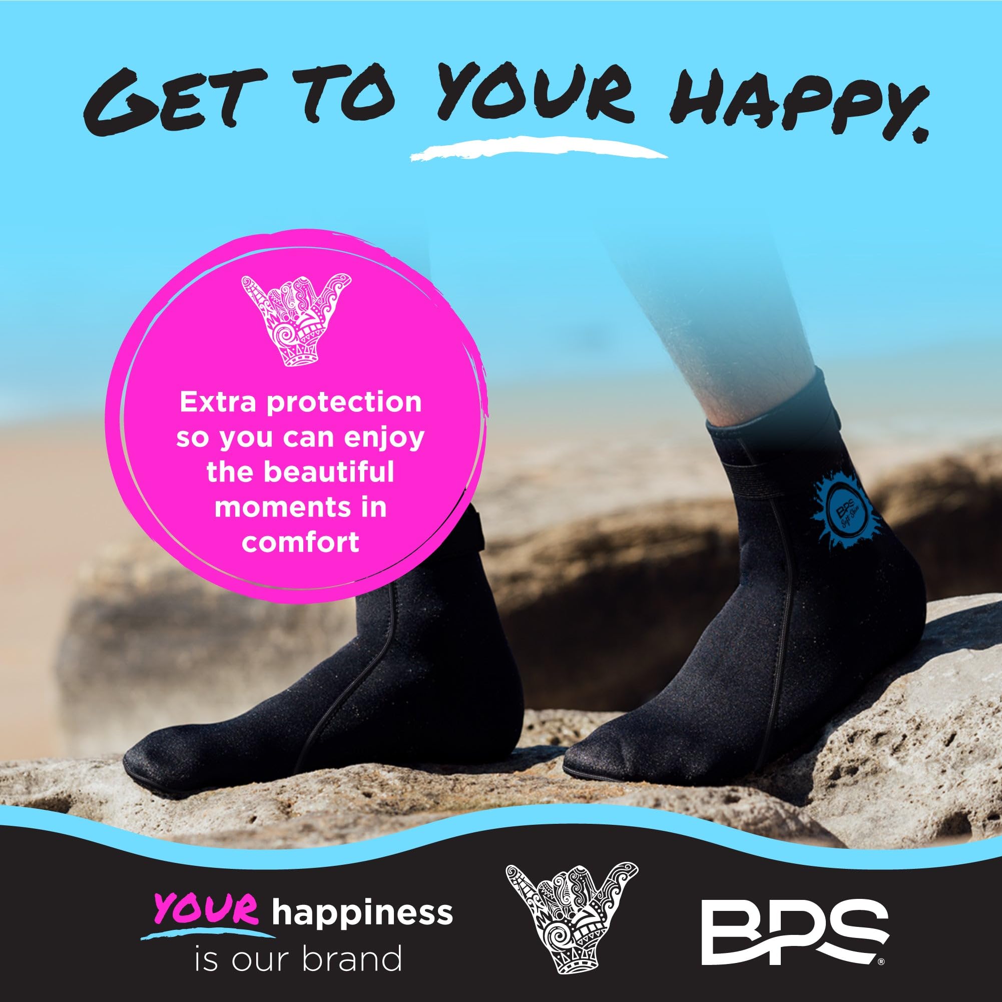 BPS Soft Skin Neoprene Water Socks (High Cut, Black with Snorkel Blue Logo, M)