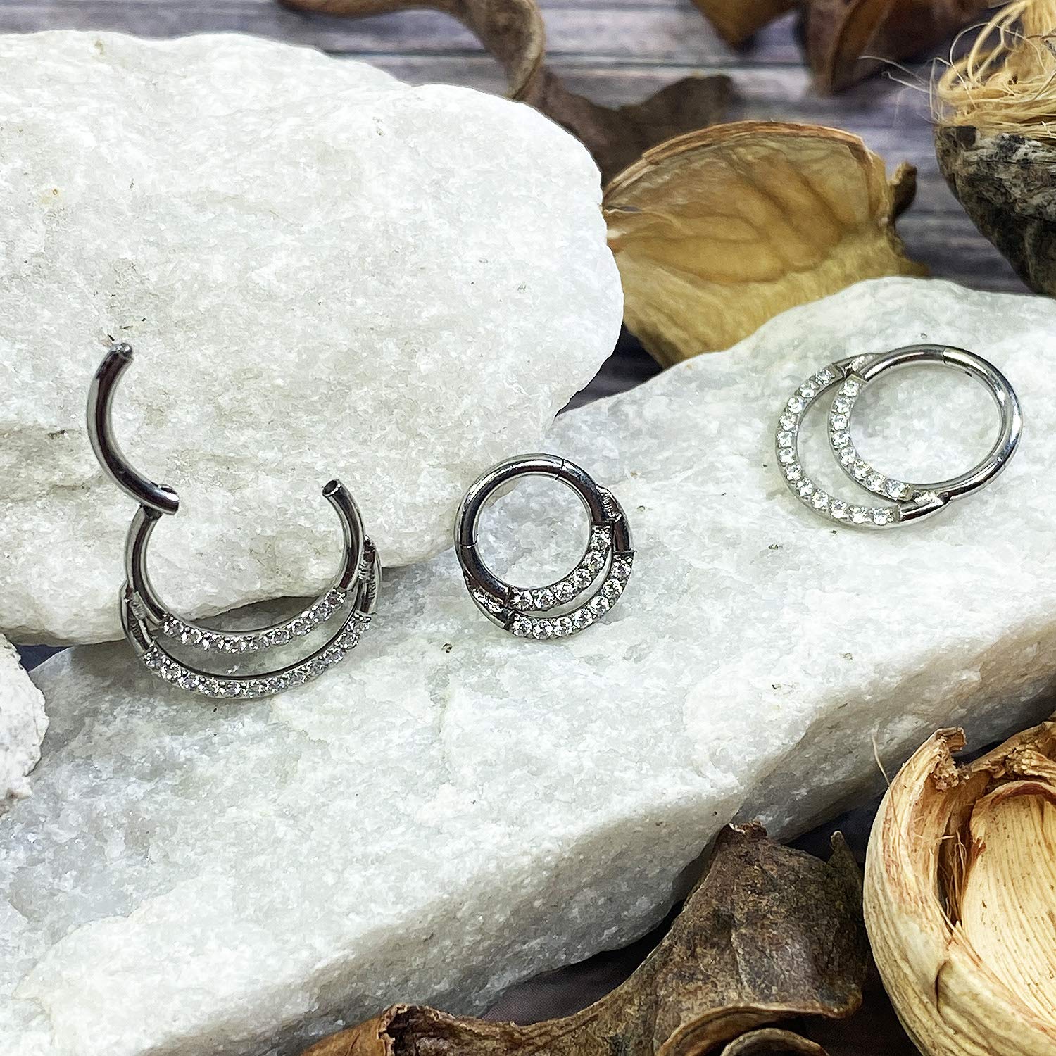BodyJ4You Piercing Ring 16G Hinged Clicker Hoop Implant Grade Titanium Double Lined Paved CZ Gem Septum Nipple Daith