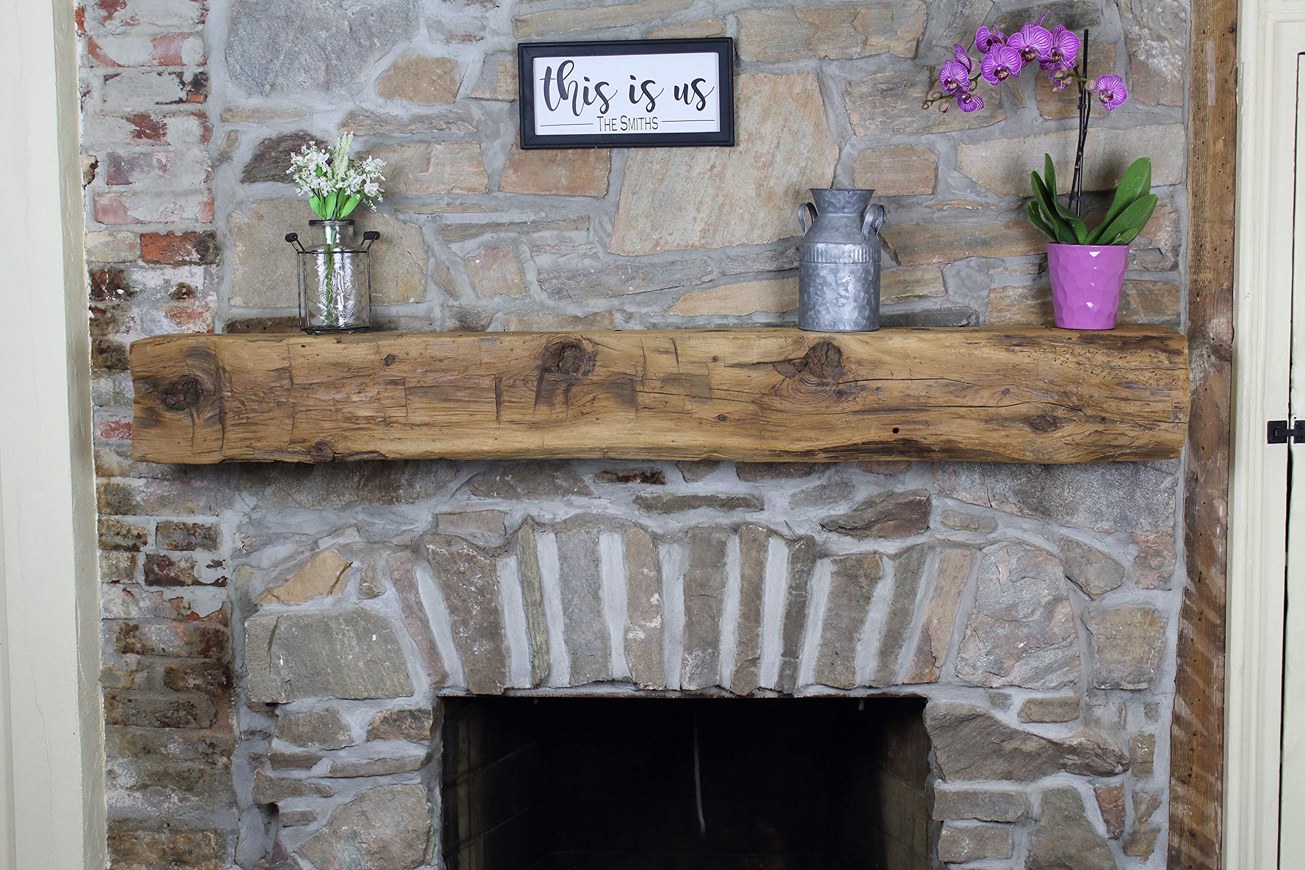 Modern Timber Craft Hand Hewn Wood Barn Beam Fireplace Mantel Shelf - Certified Reclaimed American Barnwood Floating Rustic Shelving, 66 Inches