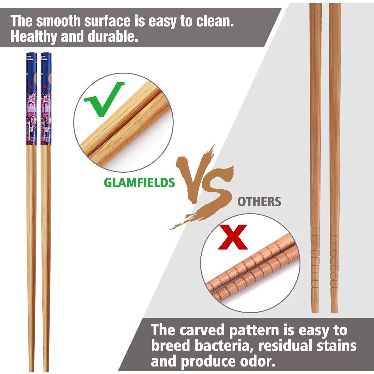 GLAMFIELDS 10Pairs Handmade Natural Bamboo Chopsticks Healthy Asian Japanese Korean Noodles Sushi Chopsticks set Reusable Gift Tableware-Cute Cat Drawing