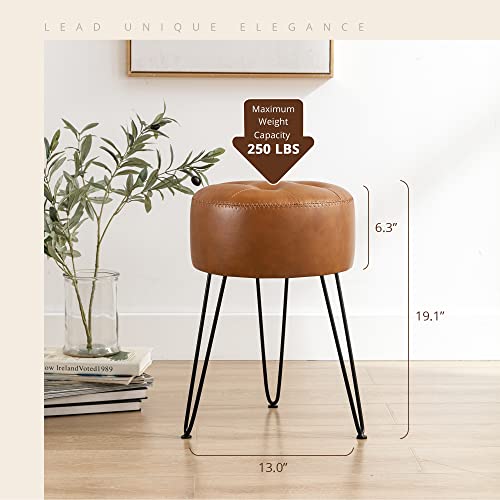 LUE BONA Faux Leather Vanity Stool Chair for Makeup Room, Brown Stool for Vanity, 19” Height, Tufted Small Vanity Chair Stool with Metal Legs, Modern Foot Stool Ottoman for Bedroom, Living Room