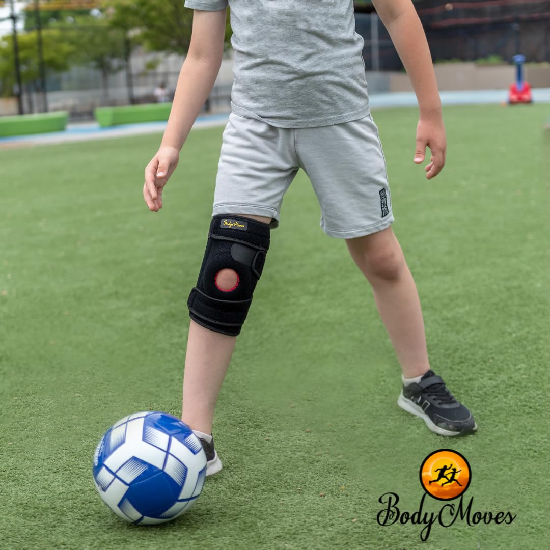 BodyMoves Kid's Knee Brace Support Plus Hot and Cold Ice gel Pack for stabilizing patella meniscus tear ligament injury prevention (SPORTY BLACK)