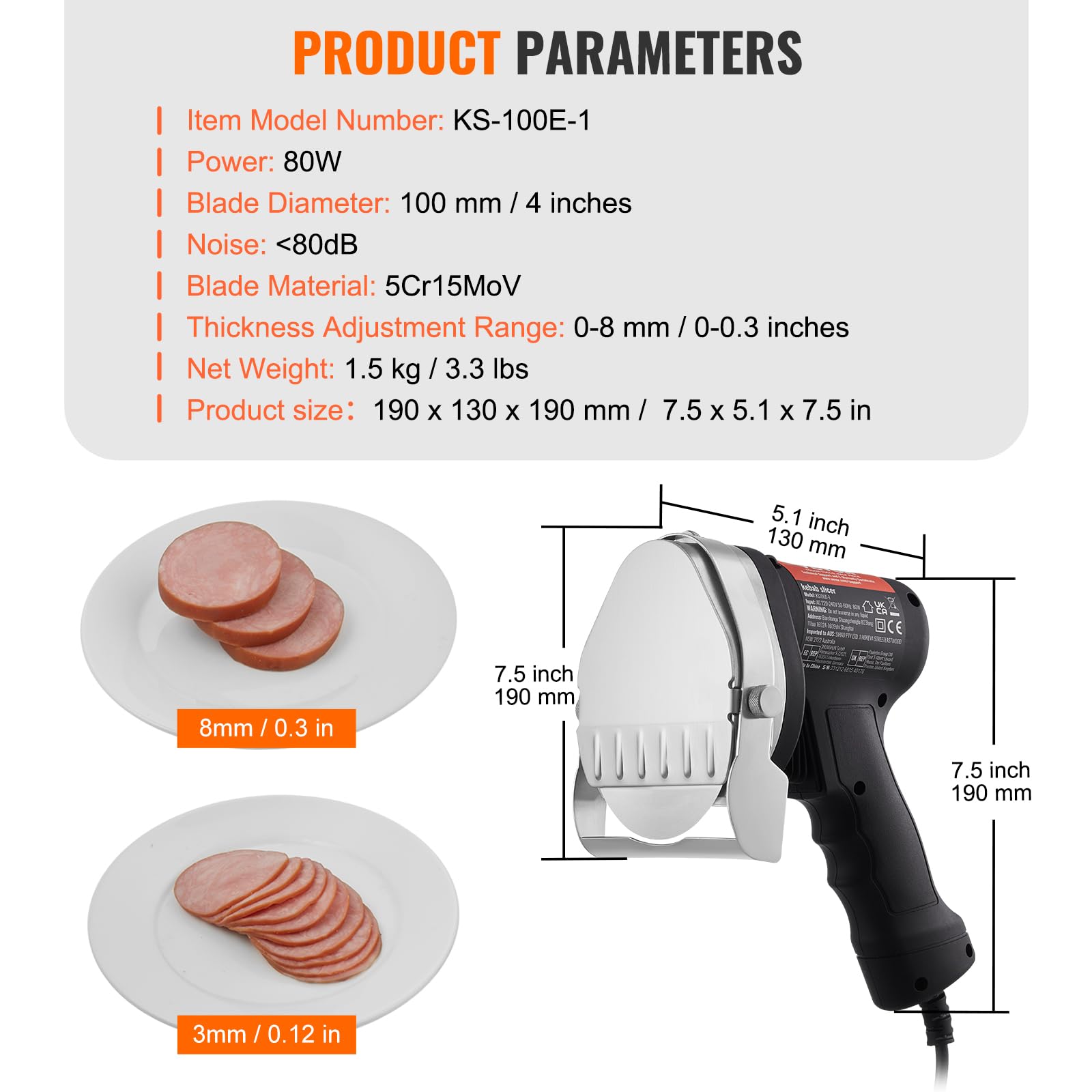 VEVOR Electric Shawarma Knife, 80W Professional Turkish Kebab Knife, Commercial Stainless Steel Gyro Cutter, Doner Kebab Meat Slicer with 2 Blades, Φ4/100mm Blade Diameter, 0-8mm Adjustable Thickness