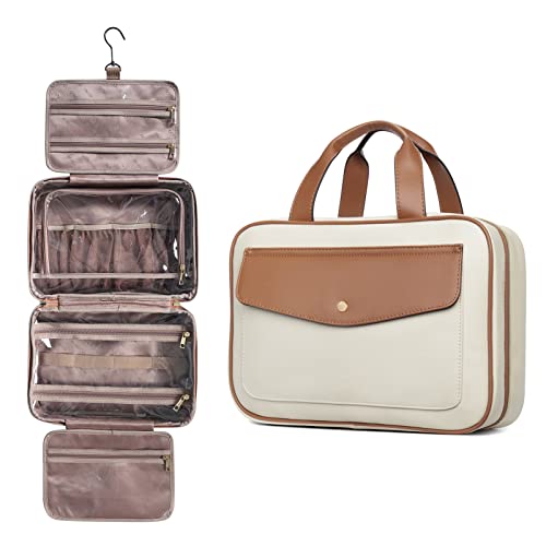 CLUCI Toiletry Bag Hanging Travel Organizer with Transparent Cosmetic Bag and Makeup Pouch For Full Sized Toiletries, Off-White