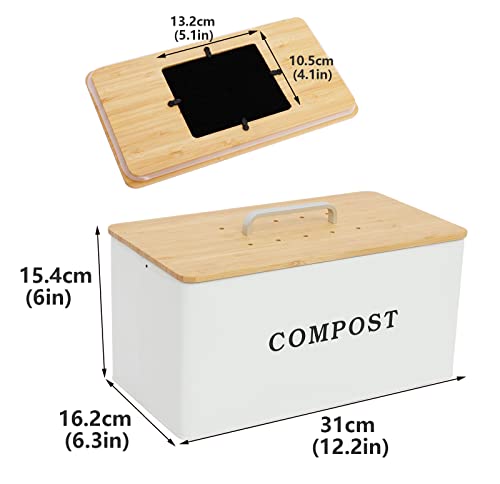 Gdfjiy Compost Bin Kitchen, Indoor Compost Bucket, Rectangle Compost Bin with Wooden Lid, 2 Gallon Capacity for Home Compost Tumbler, Kitchen Waste Garbage Can, Includes 4 Charcoal Filters (White)