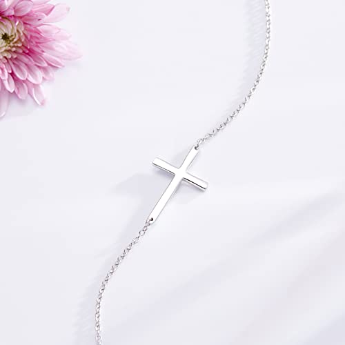 LANE WOODS Christmas Gifts 18K Real White Gold(3-5mls) Plated 925 Sterling Silver Sideways Cross Necklace for Women