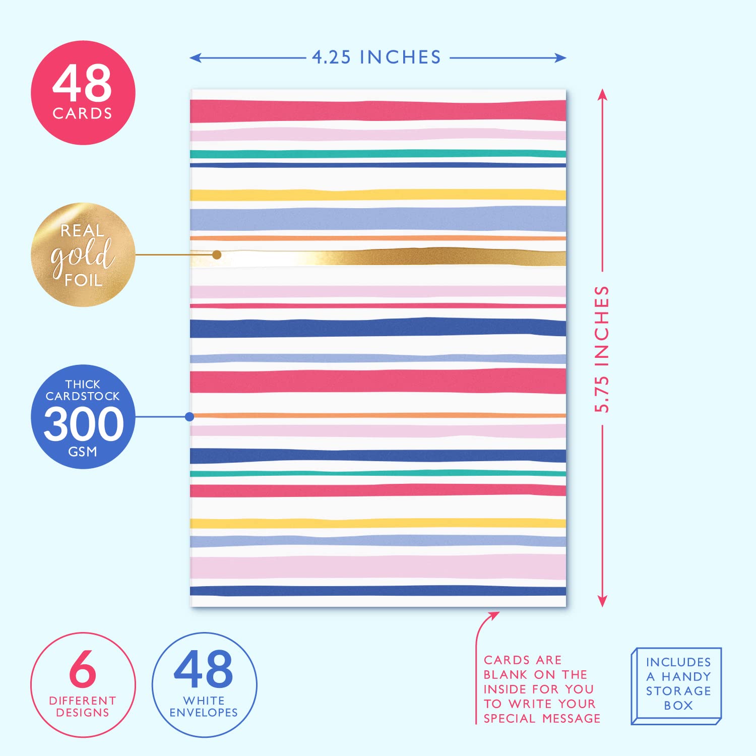 Blank Cards with Envelopes - 24 Striped Gold Foil Blank Note Cards with Envelopes – 6 Assorted Cards for All Occasions! Blank Notecards Stationary Set for Personalized Greeting Cards-4x5.5"