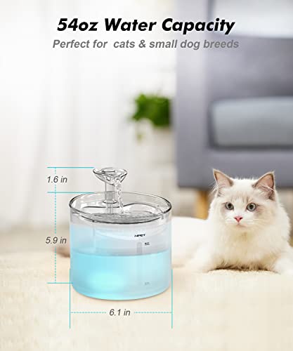 NPET WF100 Cat Water Fountain, 54oz/1.6L Automatic Pet Fountain Cat Water Dispenser with 2 Flow Modes, Light Quiet Pump for Cats (Adapter Not Included)