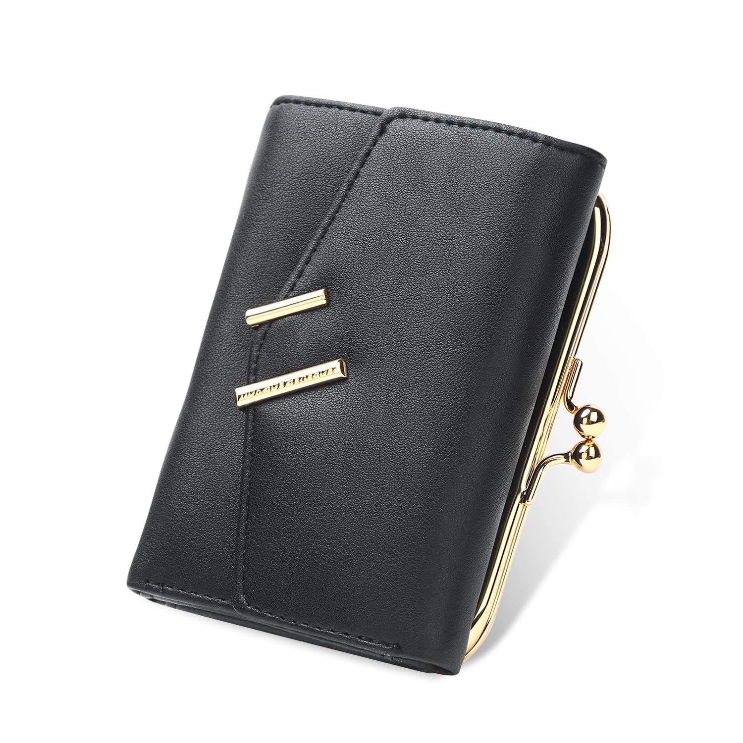 CornerLife Womens 2 in 1 Leather Wallet Small Coin Purse Compact Trifold Wallet for Women with Kiss Lock (Black)