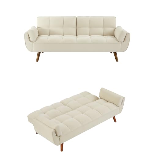 Fangflower Convertible Sofa Bed, Velvet Fabric Adjustable Backrest Sleeper Futon Loveseat with Tapered Wood Legs for Living Room, Bedroom, Apartment Lounge, Garage