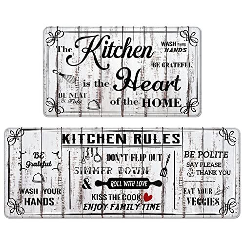 Farmhouse Kitchen Rugs Sets of 2, Personalized Kitchen Mats Cushioned Anti fatigue, Wooden Kitchen Rugs Non Slip Washable, White Kitchen Floor Mats for in Front of Sink, 18'' x 48'' + 18'' x 30''