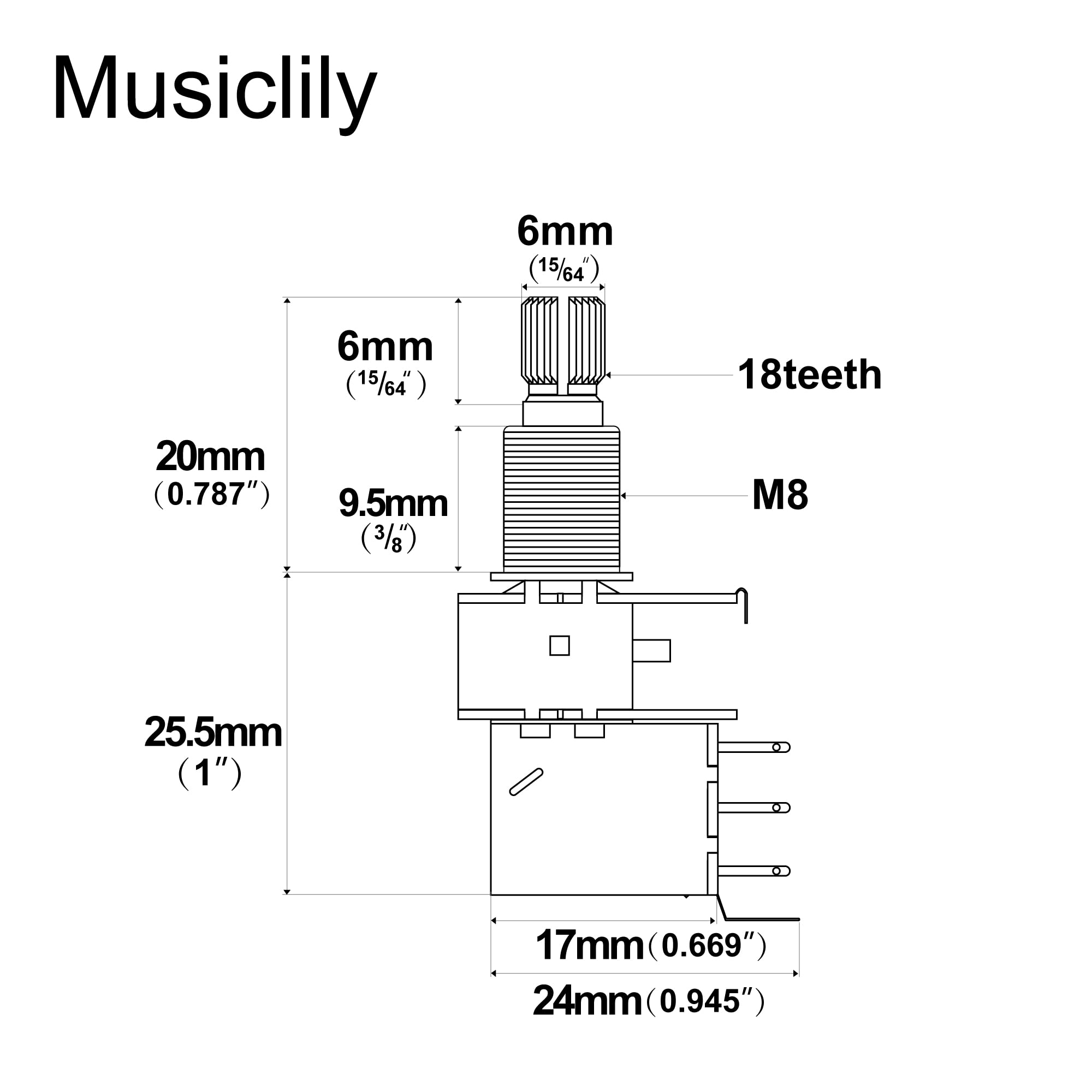 Musiclily Pro Brass Metric Size Push/Push A500K Guitar Pots Audio Taper Potentiometers for Eelectric Guitar or Bass (Set of 2)