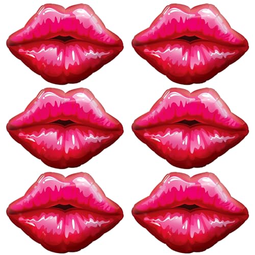 Fangoo 6 PCS Red Lip Balloons Set, Hot Pink Kiss Balloons Decorations, Huge Lips Kiss Foil Balloons, Wedding Party Balloons,Lip Balloon for Valentines Day Engagement Galentines Day Party Decor