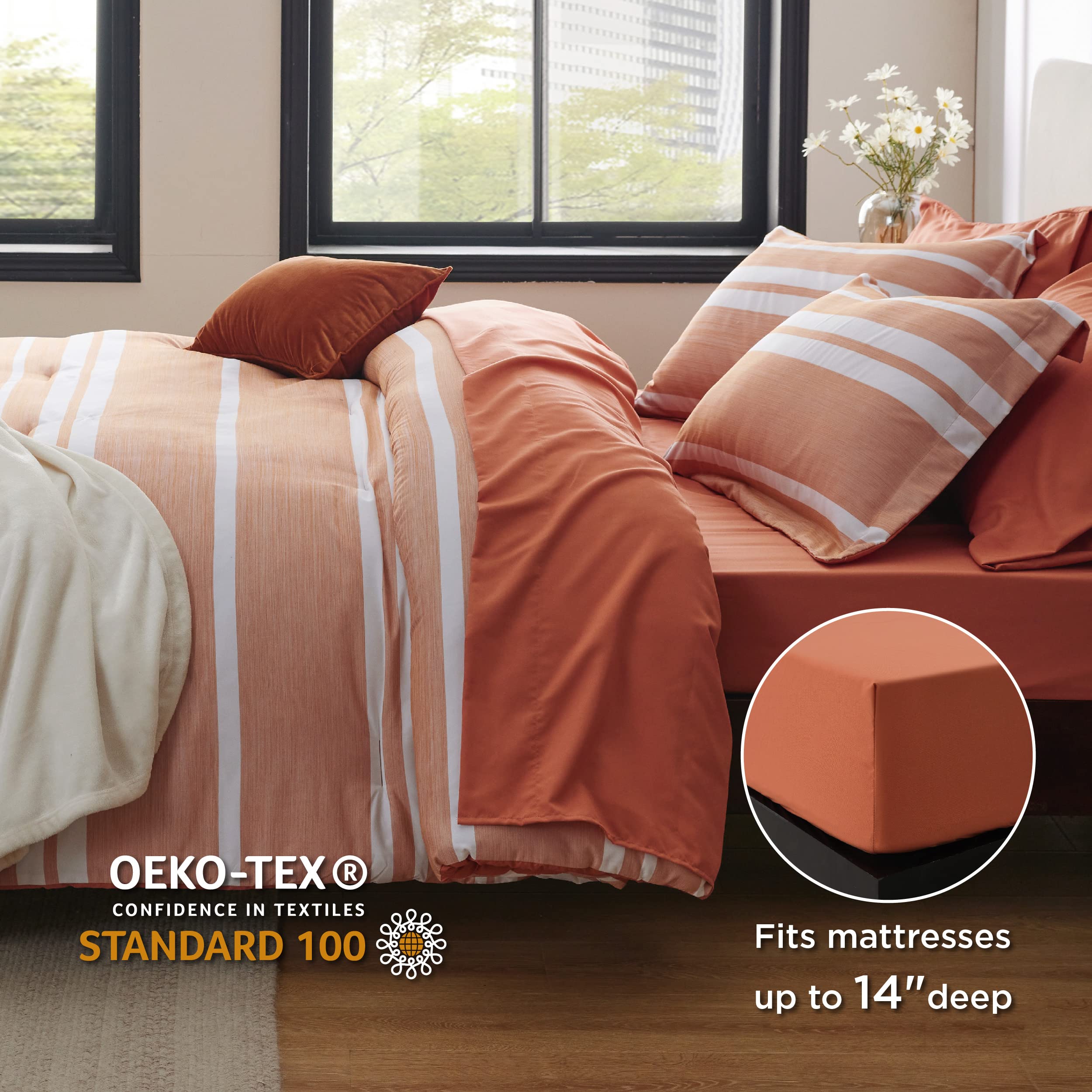 Bedsure Bed in a Bag Queen Size 7 Pieces, Burnt Orange White Striped Bedding Comforter Sets All Season Bed Set, 2 Pillow Shams, Flat Sheet, Fitted Sheet and 2 Pillowcases