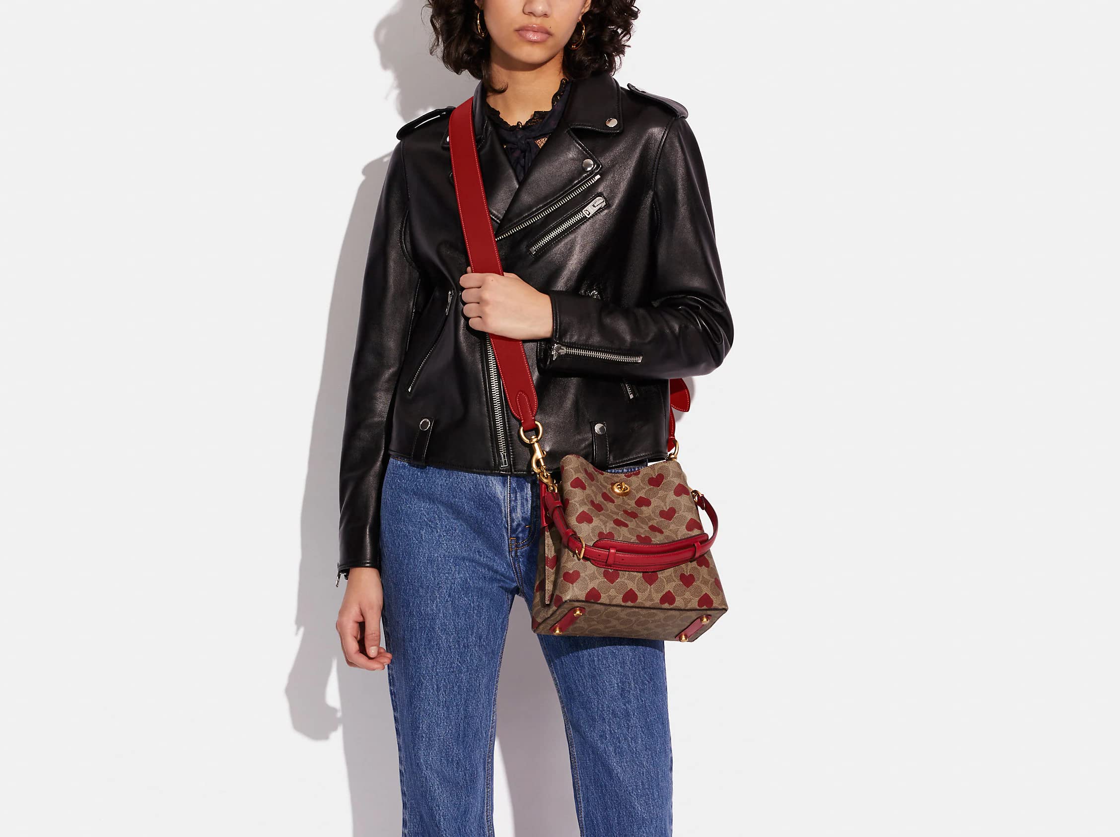 Coach Leather Willow Bucket Bag Purse in Signature Canvas with Heart Print - #C8389