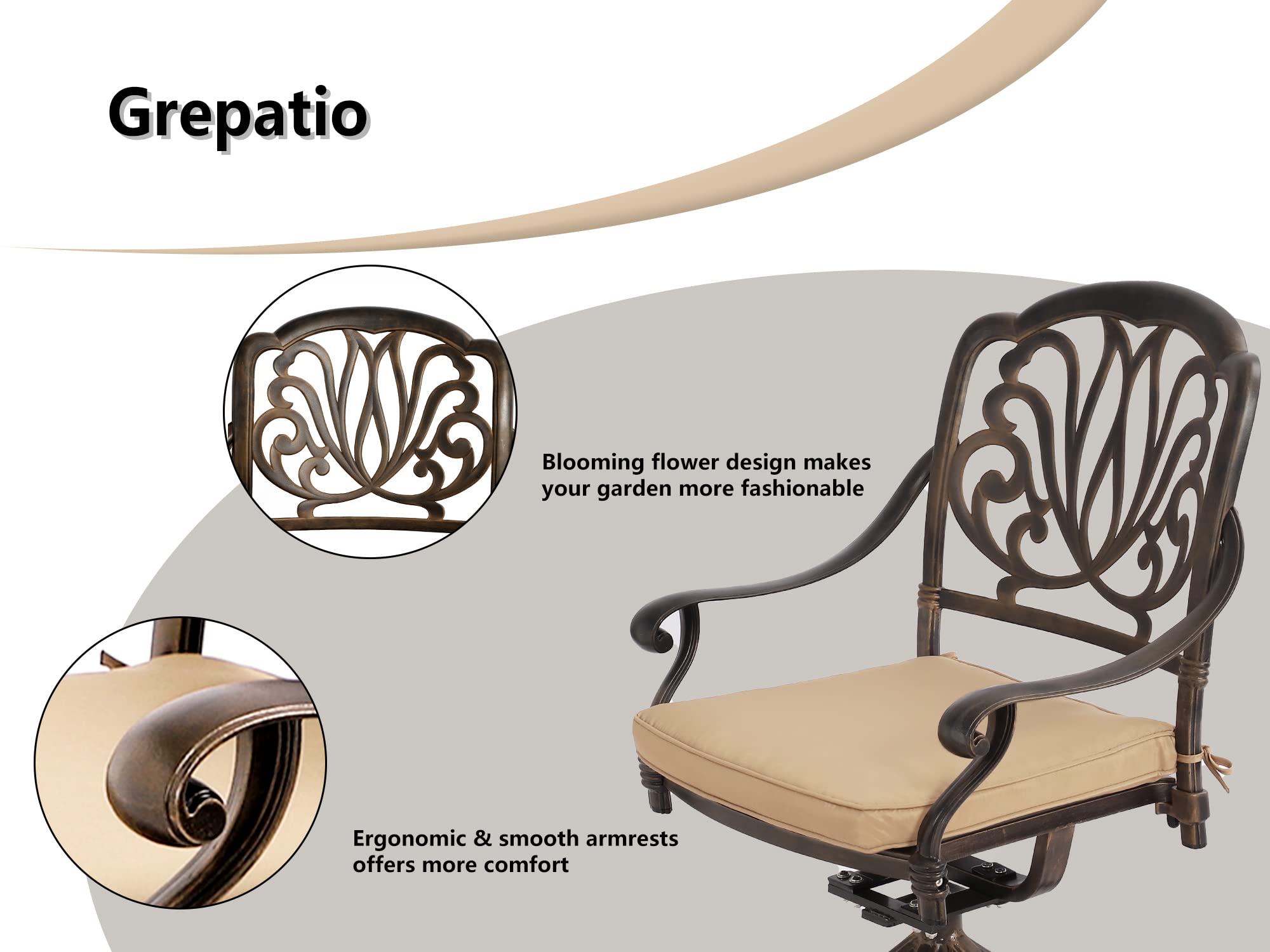 Grepatio 7 Piece Patio Dining Set Outdoor Dining Set Cast Aluminum Furniture Set with 6 Dining Swivel Chairs with 6 Cushions and Dining Table for Backyard Garden Deck Poolside (Khaki)