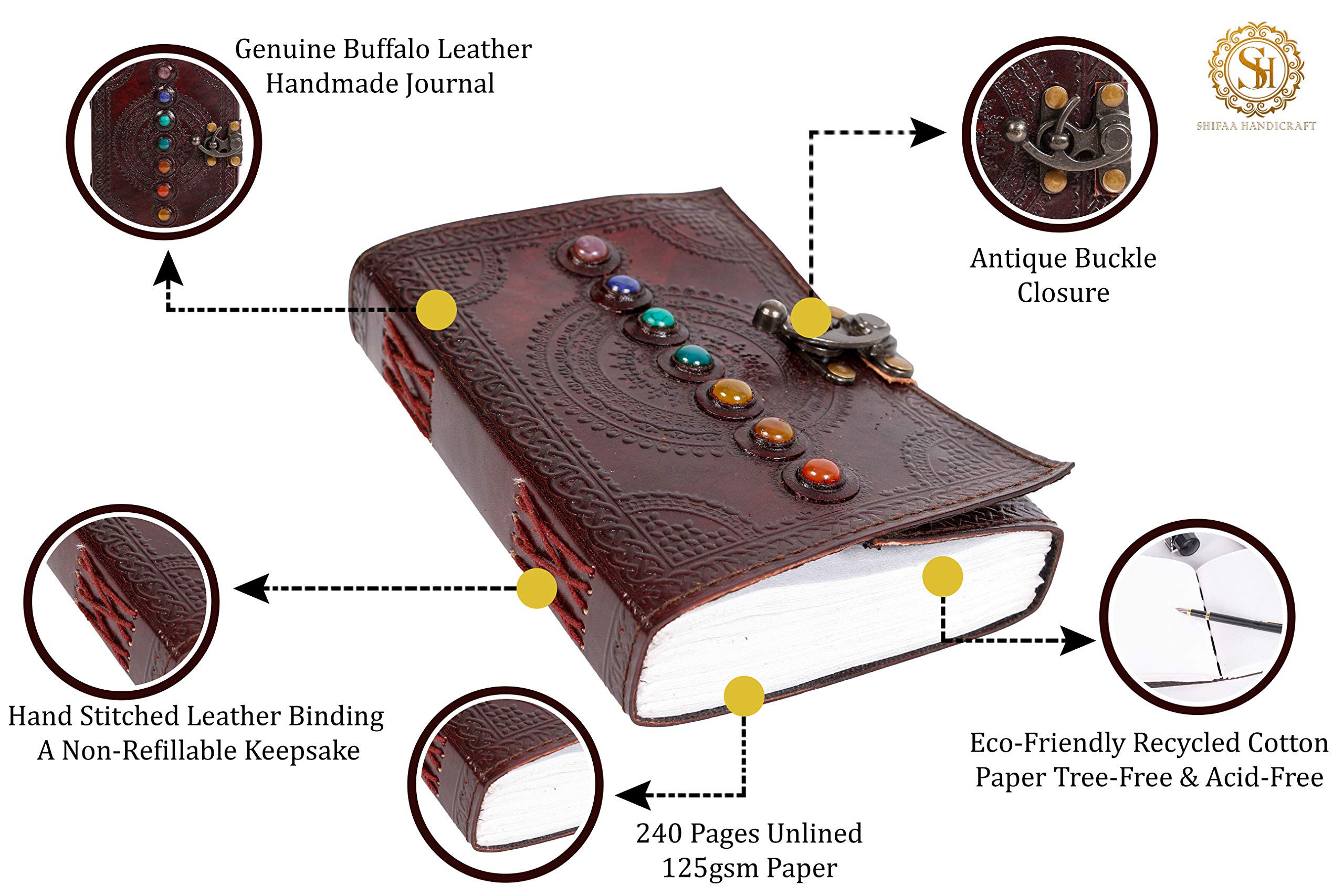 Blank spell book of shadows journal with lock clasp prop vintage handmade leather seven stone diary embossed seven chakra prayer pagan antique witchcraft wiccan notebook daily 7 x 5 Inches.