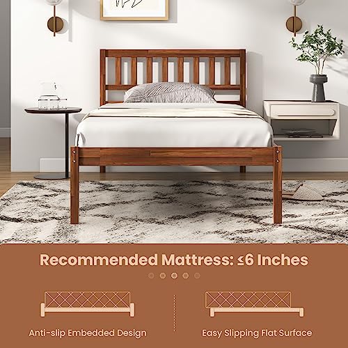 Giantex Wood Twin Bed Frame with Headboard, Mid Century Platform Bed with Wood Slat Support, Solid Wood Foundation, 12 Inch Height for Under Bed Storage, Easy Assemble, Walnut