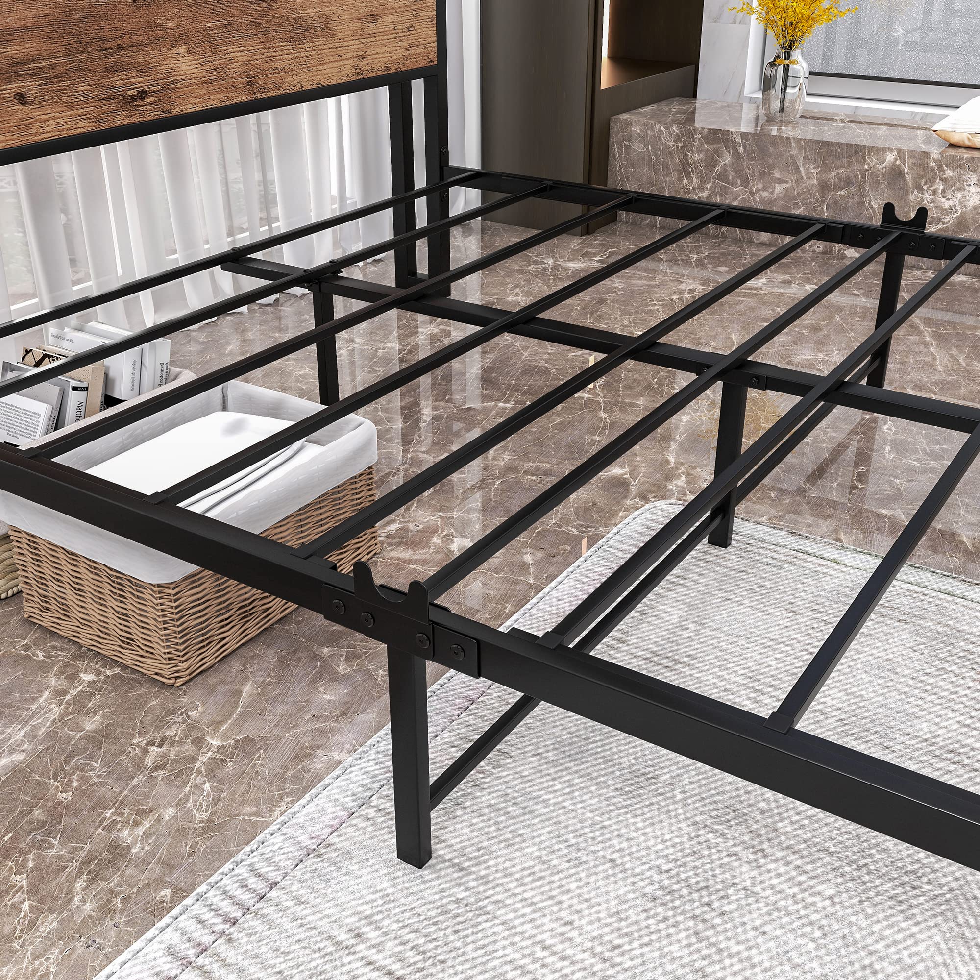 BOFENG Queen Bed Frame with 2-Tier Wood Storage Headboard,Metal Platform Bed Frame Queen Size Under Bed Storage No Box Spring Needed,Strong Support Legs,Noise Free