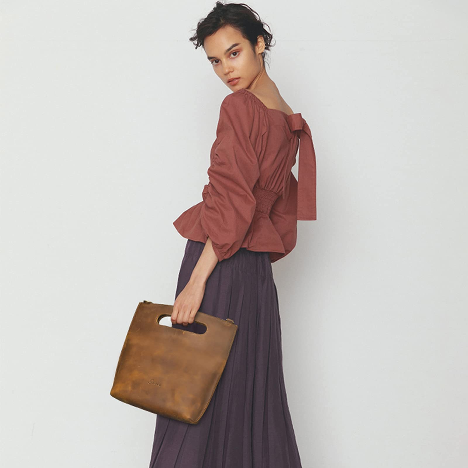 S-ZONE Women Genuine Leather Tote Bag Shoulder Handbag Vintage Crossbody Purse with Clutch Bag