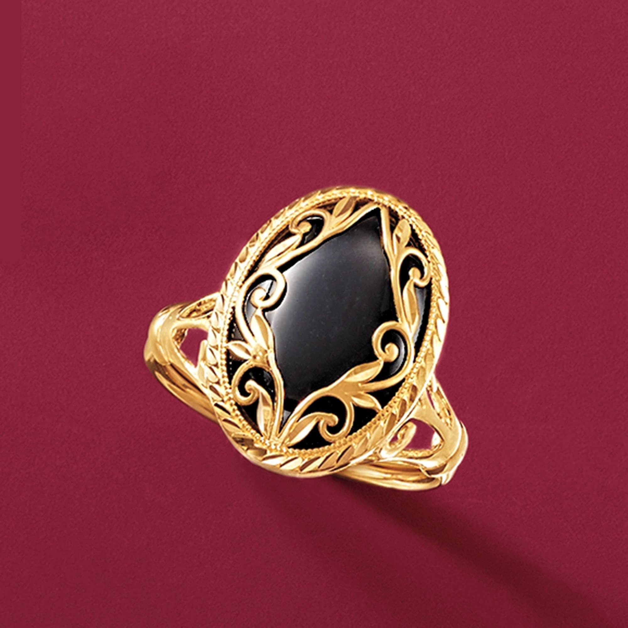 Ross-Simons Black Onyx Scrollwork Ring in 14kt Yellow Gold. Size 8