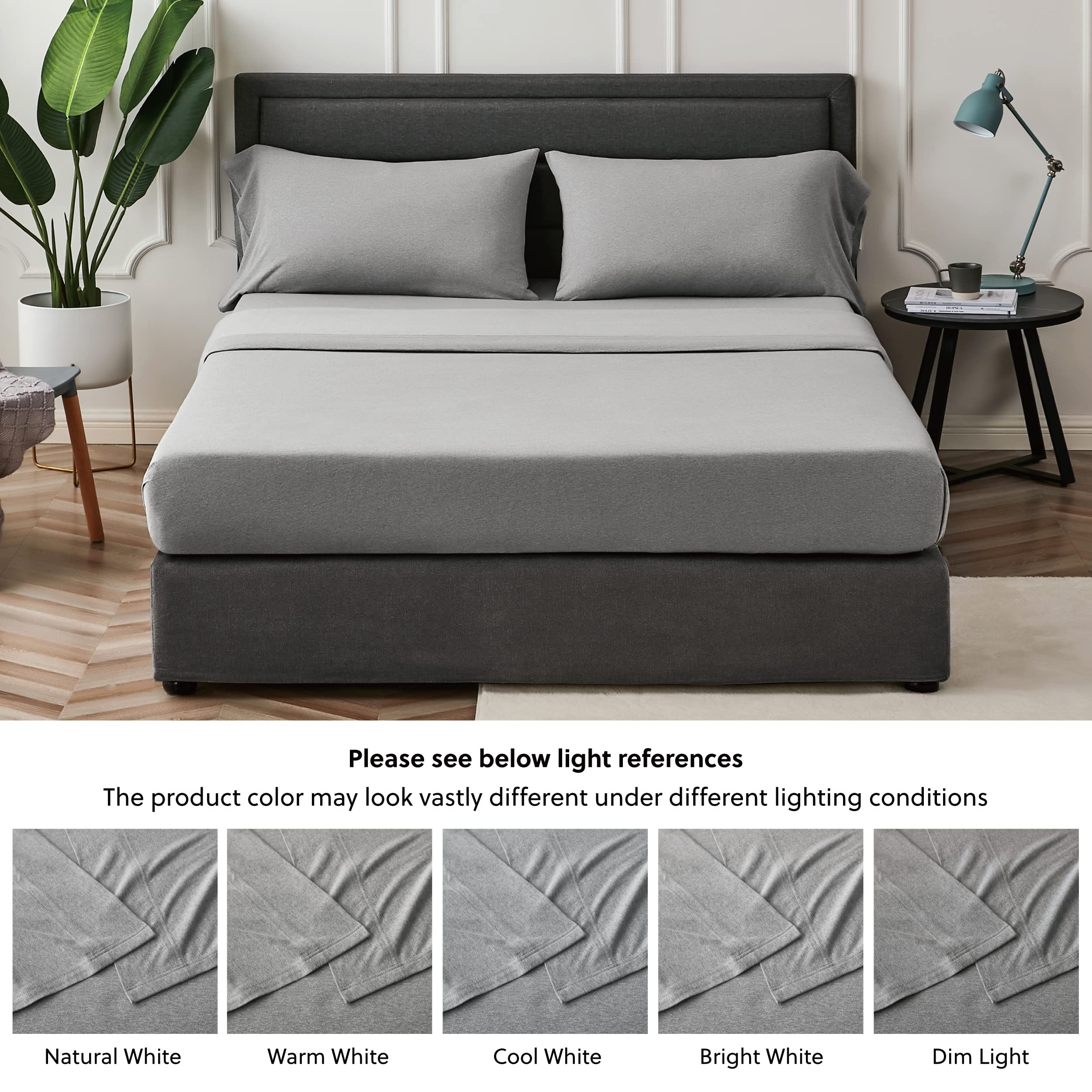 Bedsure Jersey Knit Sheets Queen Set - 100% Cotton T Shirt Bed Sheets for Queen Size Bed, Light Grey, 4 PC Cotton Stretchy Sheets