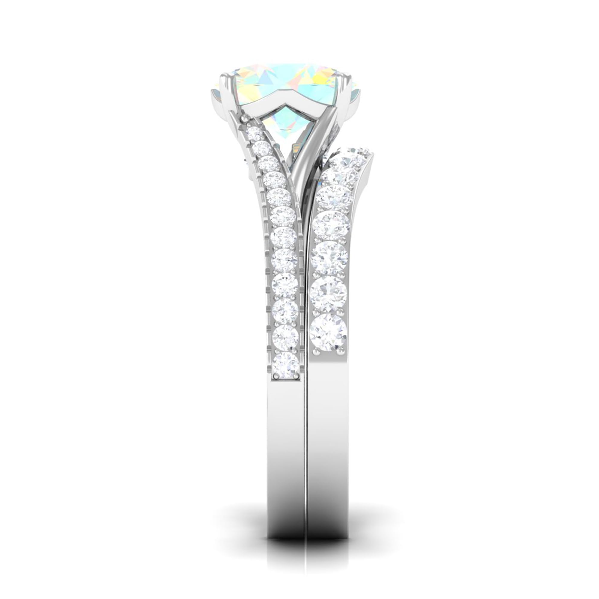 Certified Opal Moissanite Wedding Ring Set, AAA Quality, Natural 8mm Round Ethiopian Opal Bridal Ring Set - Ready to Gift, 14K White Gold, Size:US 9.00
