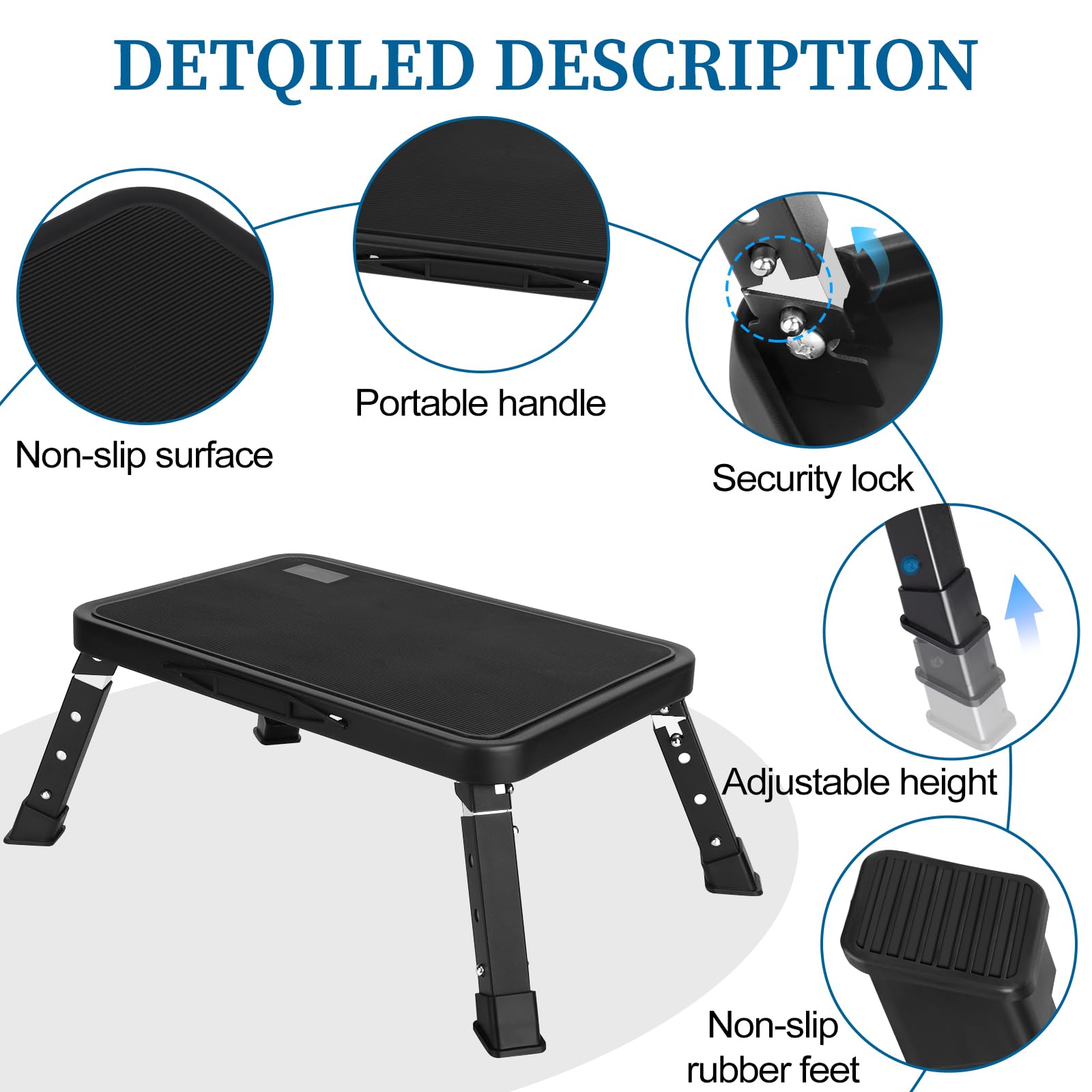 Folding Step Stool, Height Adjustable RV Steps Stool with a Non-Slip Platform Mat and Foldable Thick Rubber Feet, Collapsible Step Stools for Adults, Kitchen, Home, Office, 330 Lbs Capacity (Black)