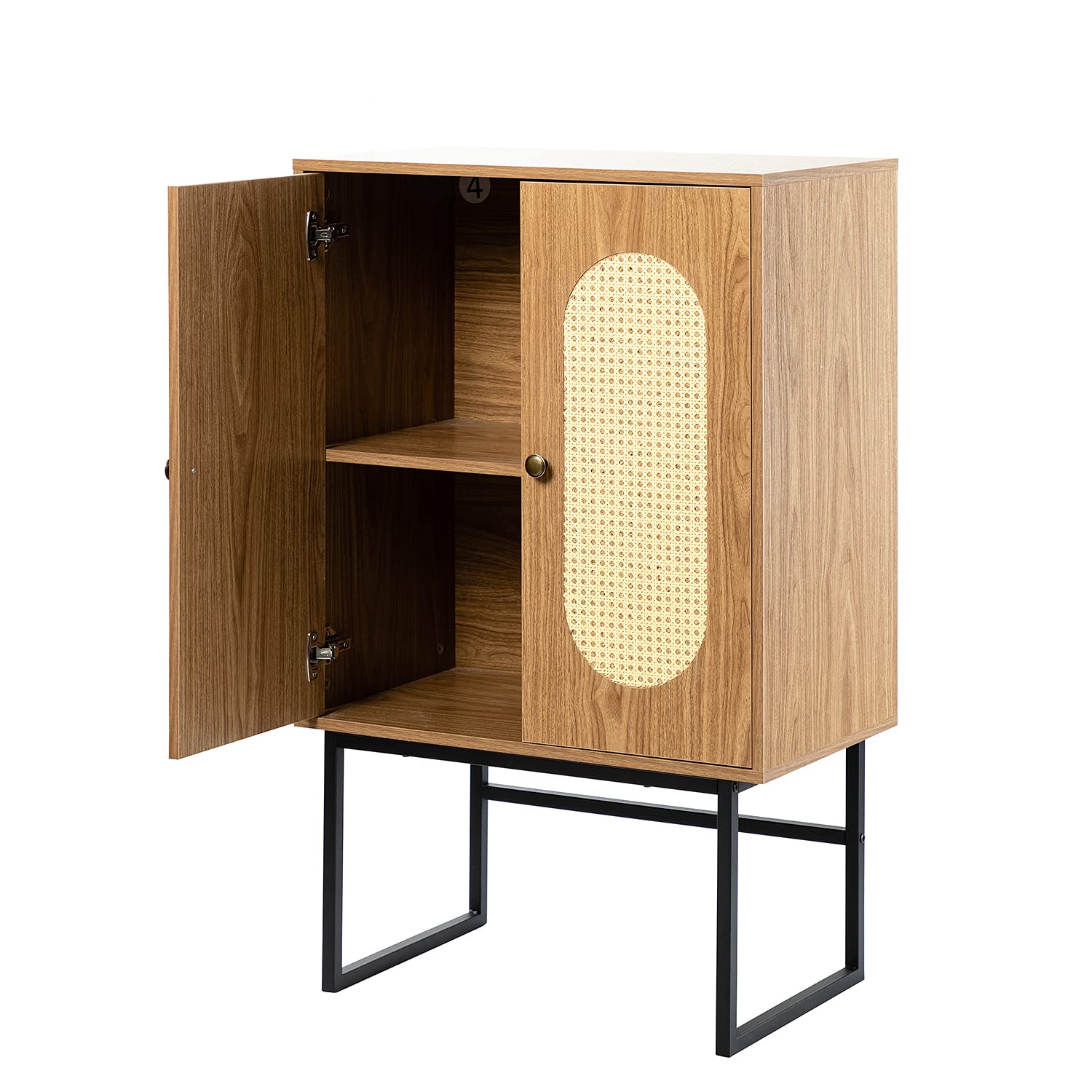 Farmhouse Storage Cabinet Solid Wood Sideboard Accent Cabinet 2 Rattan Doors Buffet Cabinet Locker with Interior Shelves & Black Metal Base for Entryway Living Room Bedroom Dining Room (Brown)