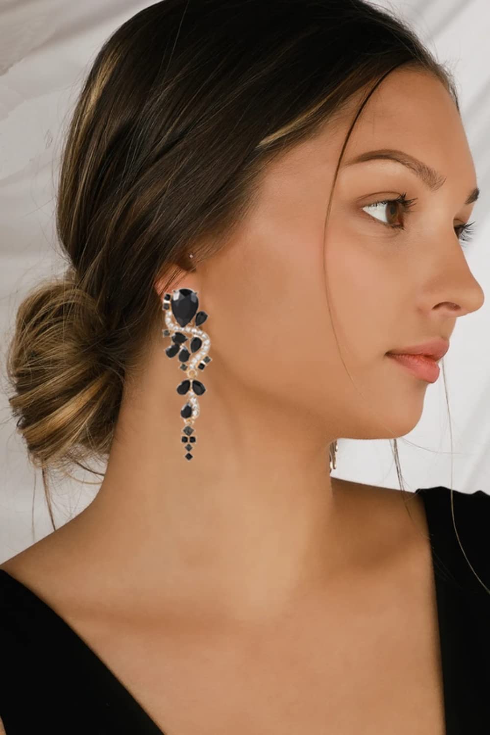 Black Rhinestone Statement Drop Dangle Earrings Dangling Sparkly Crystal Bridal Bridesmaid Wedding Earrings Long Chandelier Teardrop Earrings for Women Prom Party