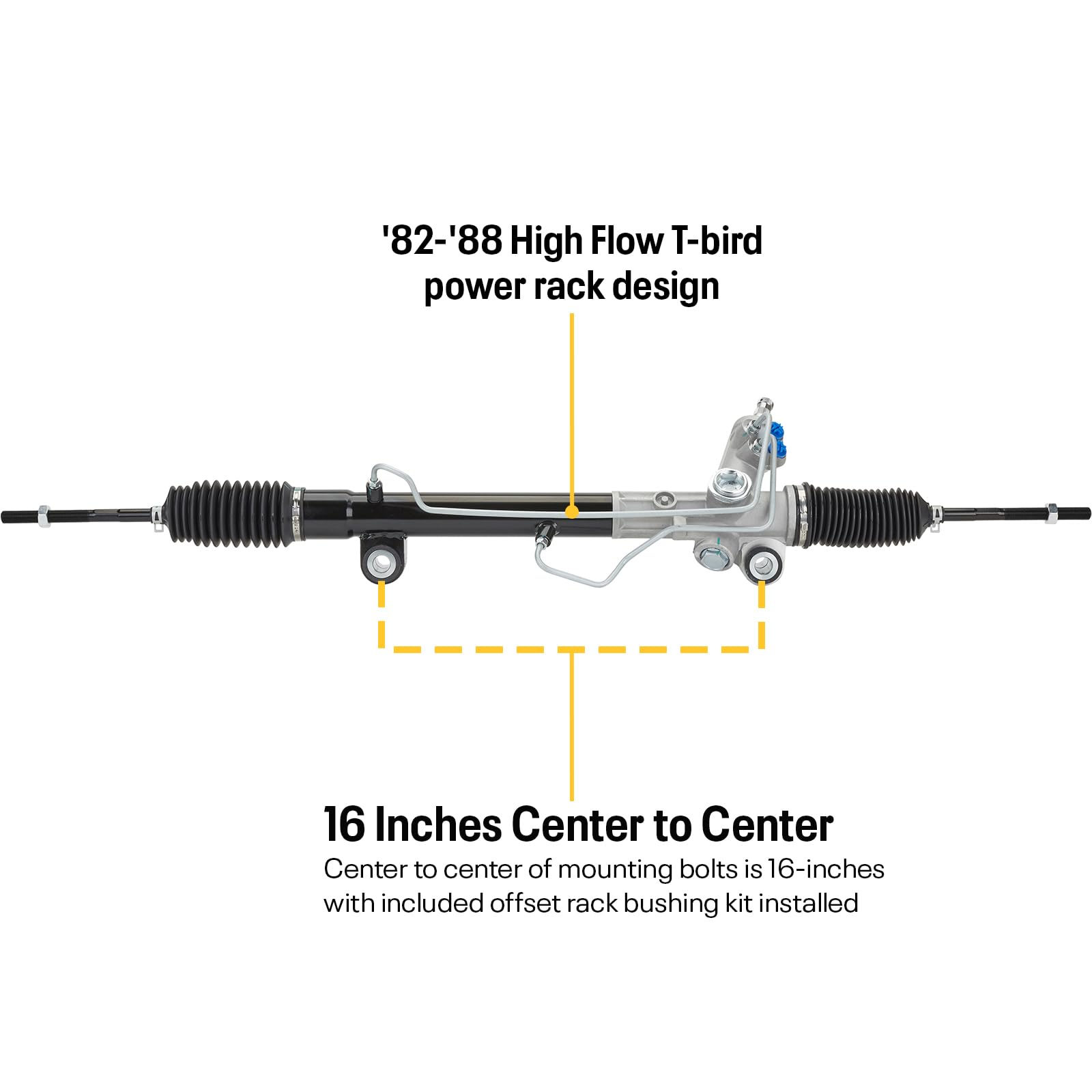 Mustang II Power Steering Rack & Pinion w/Offset Bushings, 82-88 T-bird Design, AN-6 Fittings, 3/4"-36 Spline Input, Compatible with Original & Aftermarket Crossmembers, 15:1 Ratio