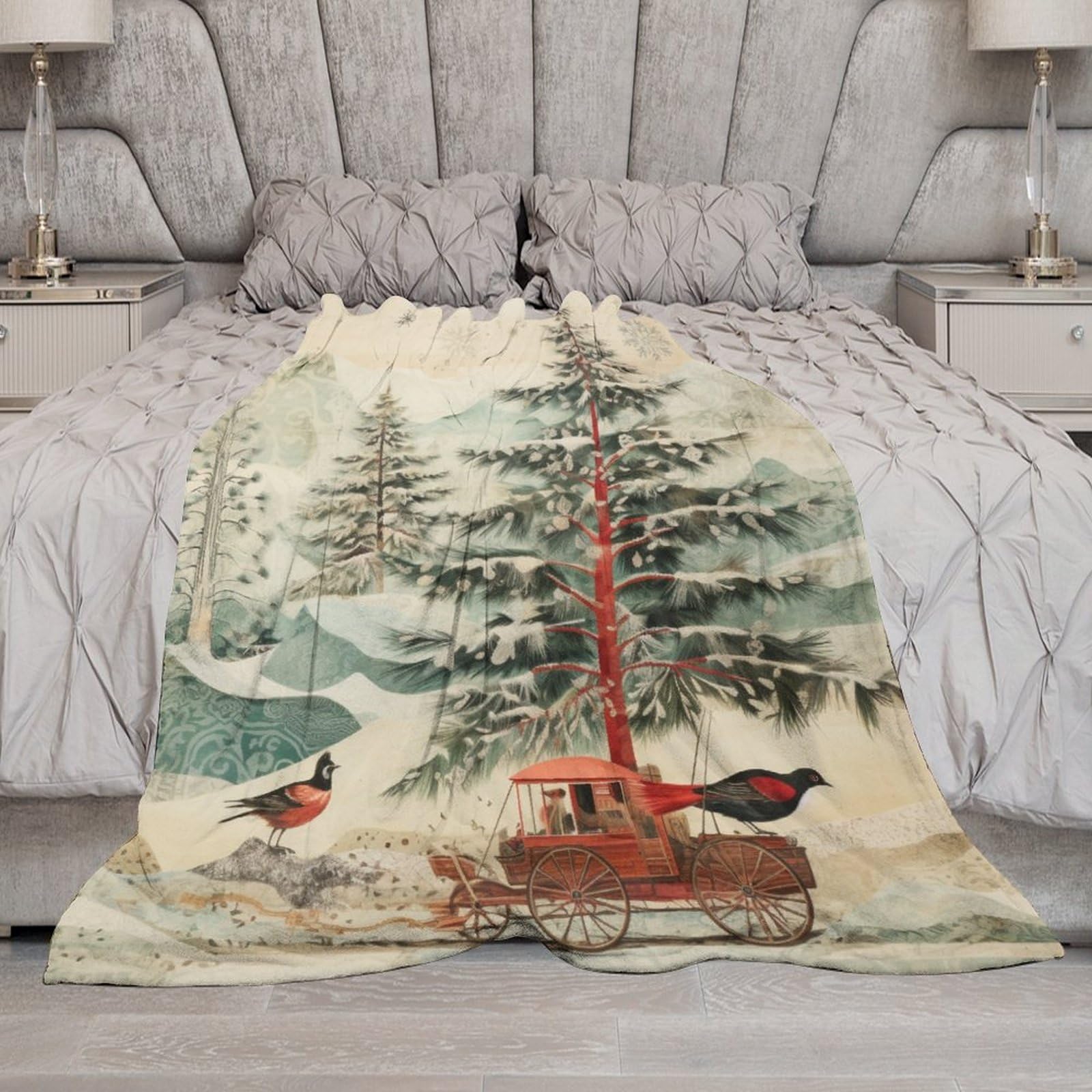 Blanket Wintery Birds and Trees Throw Blankets Rustic Country Holiday Soft Flannel Cozy Blankets for Couch Sofa Bed for Adults Kids Boys Teens Gift 30"x40"