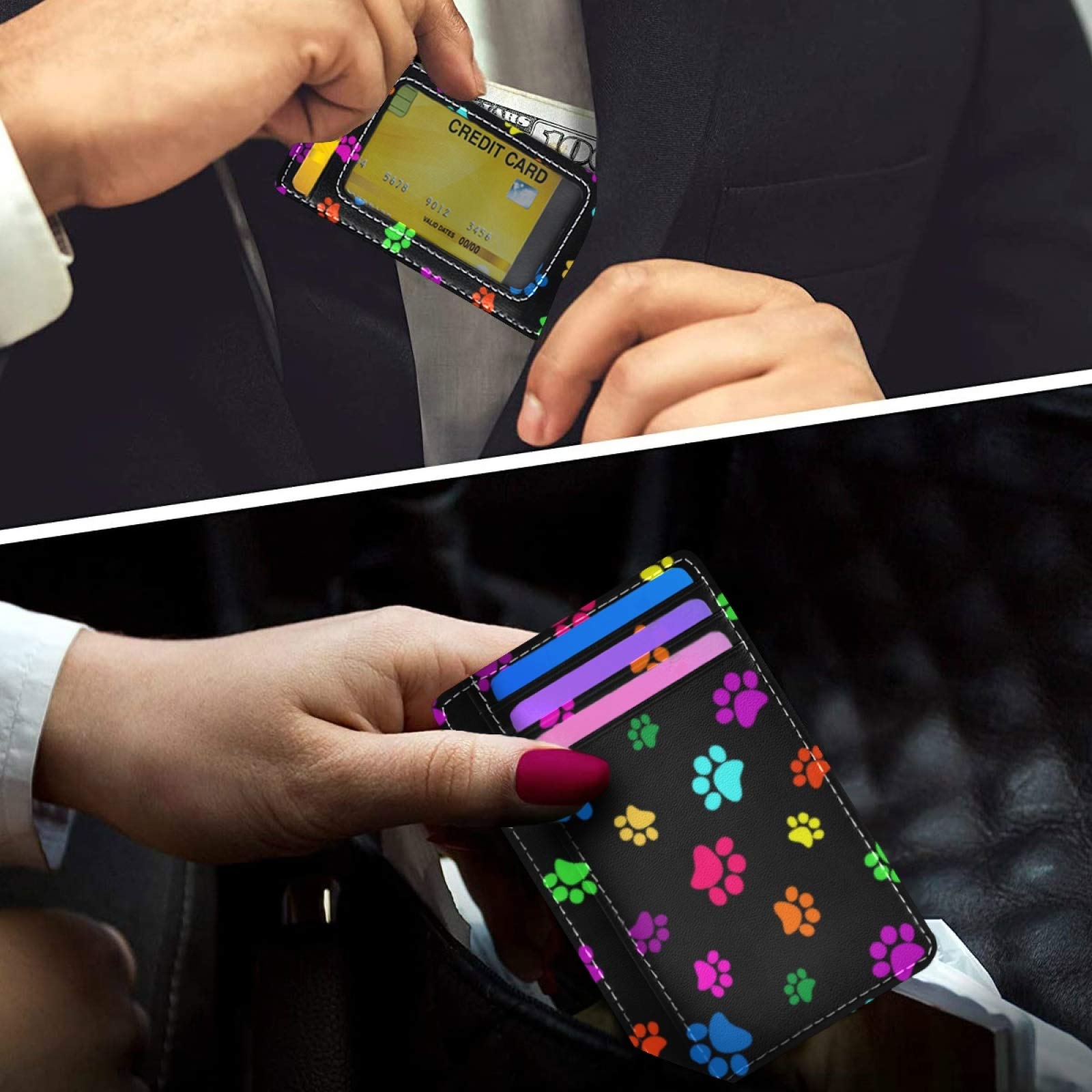 Linomo Thin leather Card Holder and Money Clip Colorful Dog Paw Print Wallet RFID Blocking for Men & Women