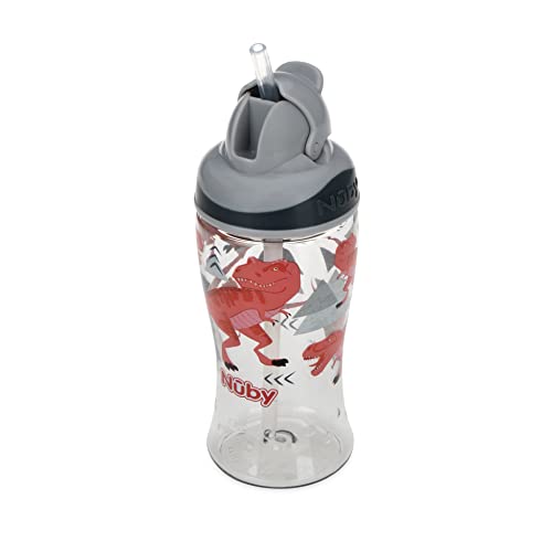Nuby Thirsty Kids No Spill Flip-It Boost Tritan Travel Cup with Soft Silicone Straw, 12 Oz, T-Rex