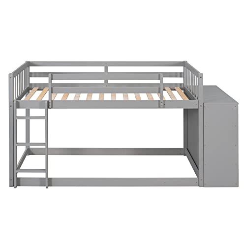 Harper & Bright Designs Twin Over Twin Bunk Bed with Storage, Wood Floor Bunk Beds with 4 Drawers & 3 Shelves, Low Bunk Bed, Twin Loft Bed for Kids, Girls Boys, Teens, Adults (Gray)