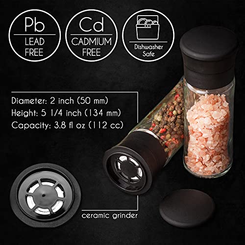 Crystalia Pepper Grinder Set of 2, Salt and Pepper Mills with Ceramic Mechanism, Glass Body, BPA-Free Plastic Lid