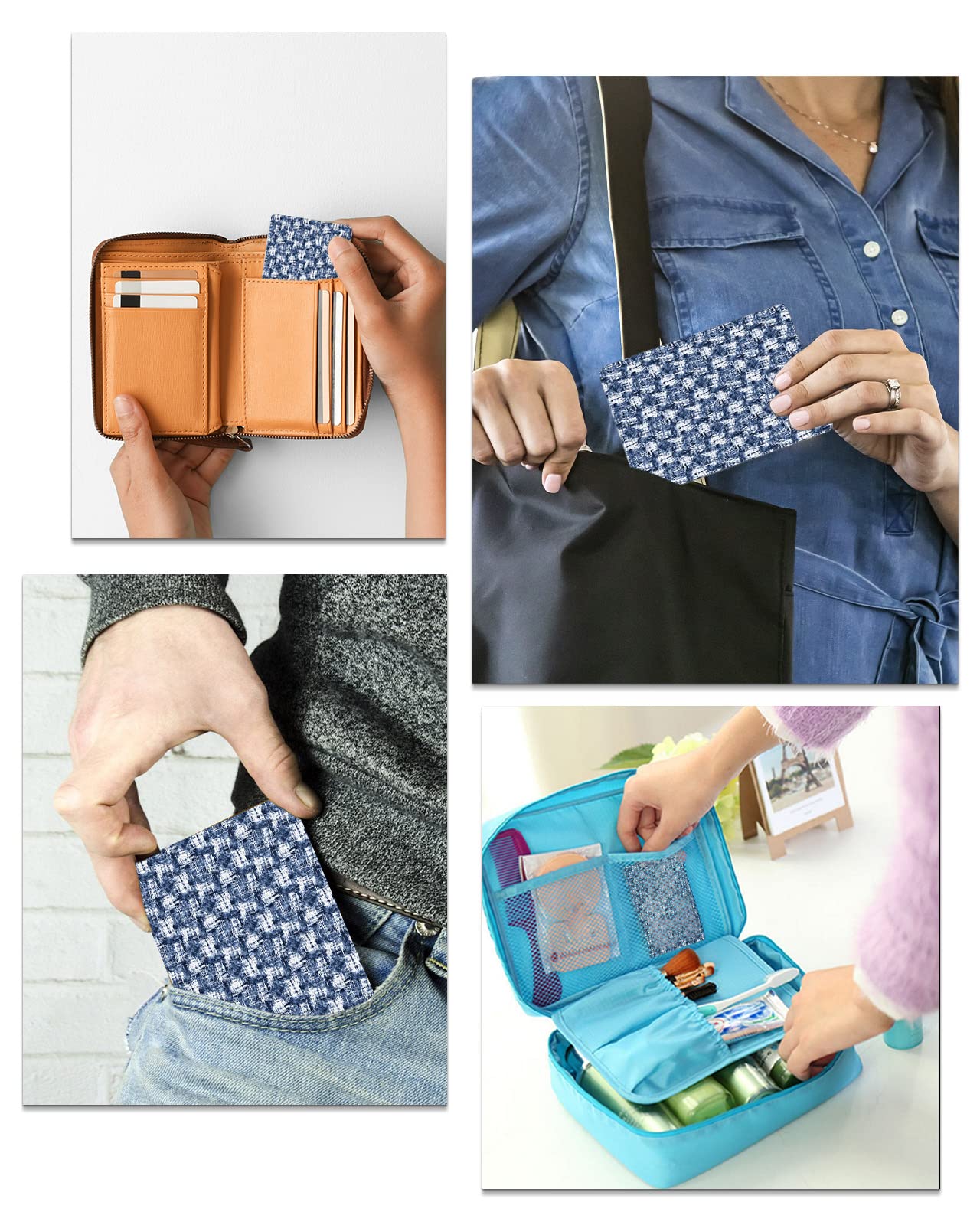 Carosoffe Blue White Small Compact Mirror for Purse, Geometric Abstract Art Retro Linen Texture Travel Makeup Mirror for Women Men, Rectangular Handheld Compact Pocket Mirror 4 PCS