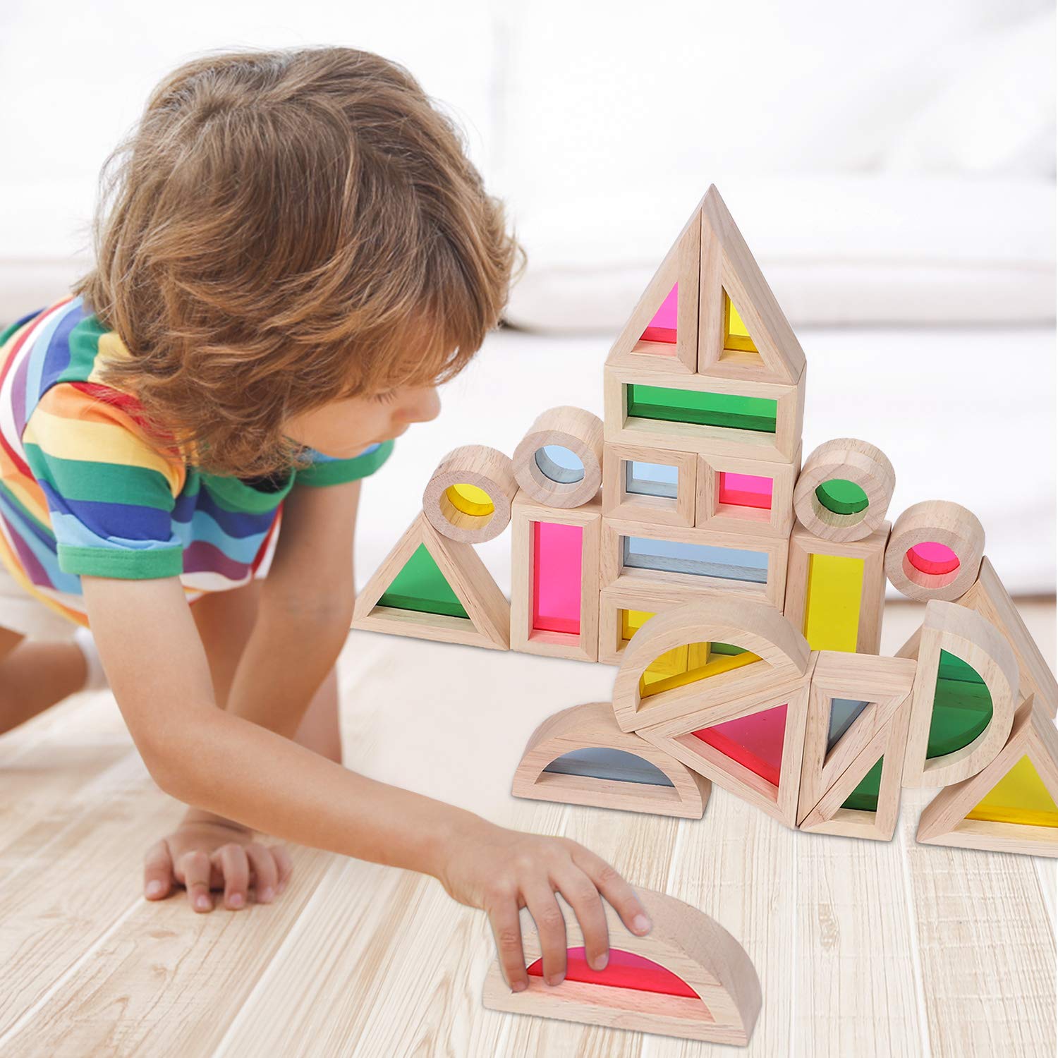 Lewo 24 PCS Building Blocks Wooden Rainbow Blocks Wooden Blocks Rainbow Stacker Stacking Blocks Preschool Learning Educational Toys for Baby Toddlers Kids Boys Girls