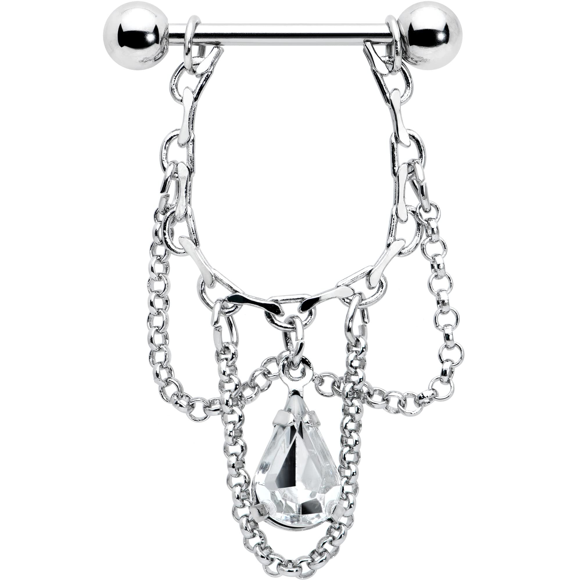 Body Candy Stainless Steel Clear Teardrop Chain Dangle Nipple Ring Set of 2 14 Gauge 5/8"