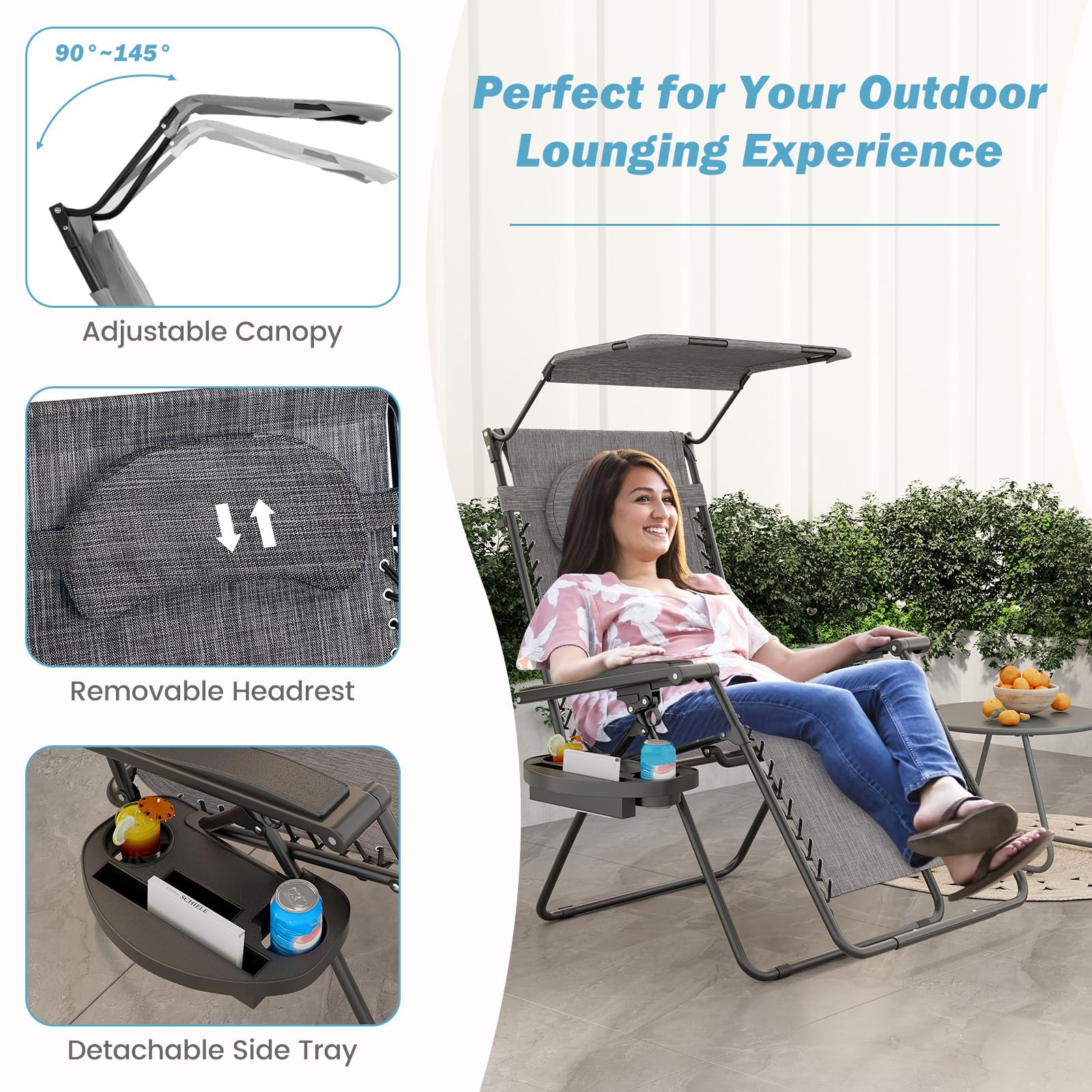 Goplus Zero Gravity Chairs, X-Large Folding Lounge Lawn Chair w/Canopy Shade & Cup Holder, Adjustable Folding Patio Recliner for Pool Porch Deck Oversize (Grey)
