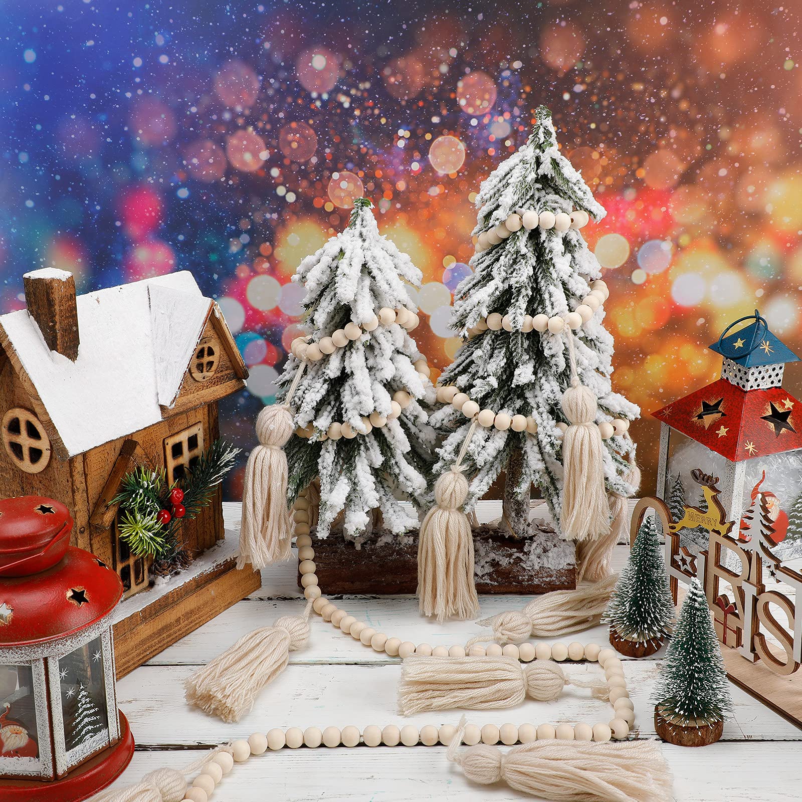 Boho Decor Wooden, 9.8ft Wood Bead Garland with Tassels Bobo Wall Hanging Farmhouse Home Decor Rustic Country Holiday Decoration