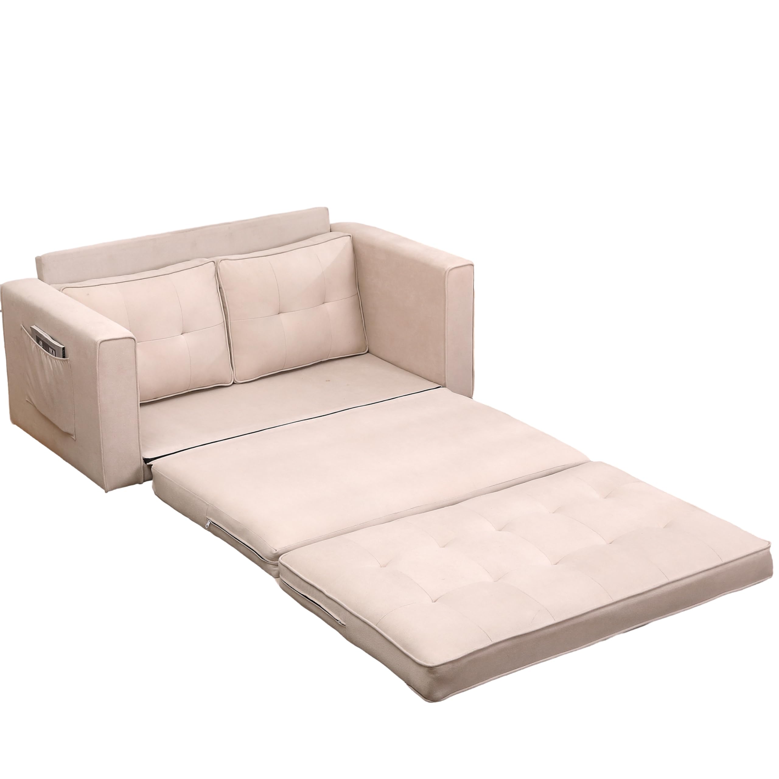 MATONELL 3-in-1 Upholstered Futon Sofa Convertible Floor Sofa Bed,Foldable Tufted Loveseat with Pull Out Sleeper Couch Bed,Folding Mattres Love Seat Daybed W/Side Pockets for Living Room,Beige