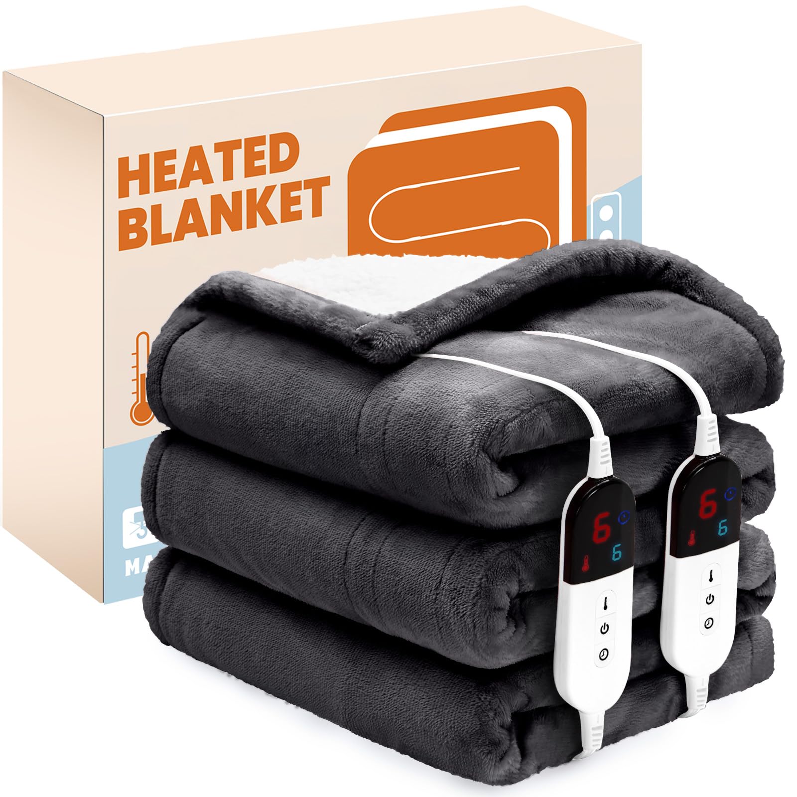 BENFOX Electric Heated Blanket,Flannel & Sherpa Heated Throw Blanket 50"x60",Fast Heating Soft Fleece Blanket with 6 Heating Levels & 4H Auto Off- Grey