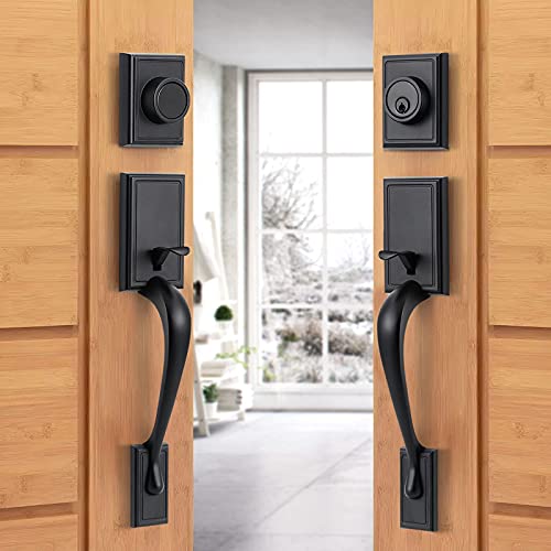 GUA OYH Double Front Door Handle Matte Black Double Door Lock Keyed Dummy Door Lock Set with Handle Lever for Front Door or Office Door (L361516-B-S118)